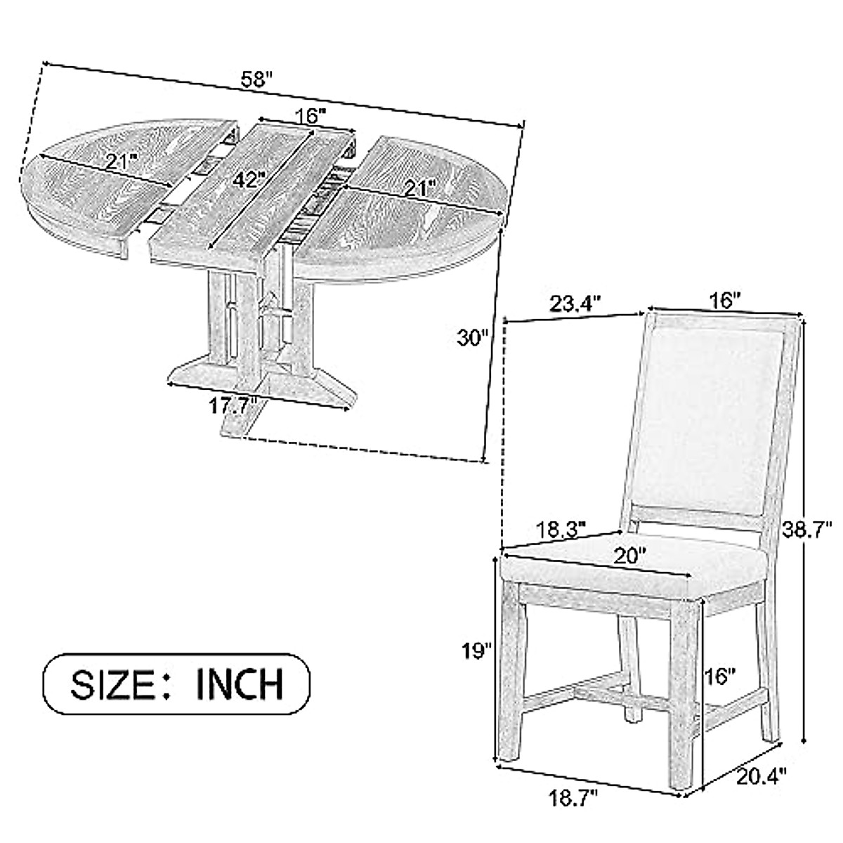 Lepfun 5-Piece Round Wood Extendable Table Set with 4 Upholstered Chairs Farmhouse Dining Set of 4 People for Kitchen, Dinning Room (Black)