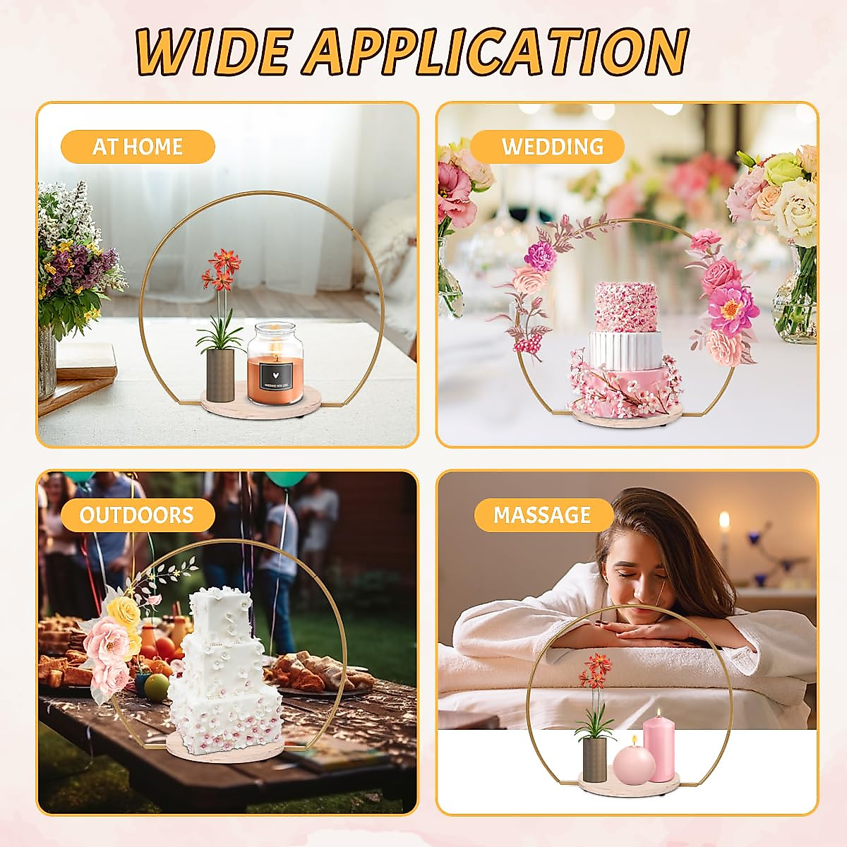 20 Inch Gold Cake Stand with Wooden Stand,Metal Arch Wedding Cake Stand,Floral Hoop Centerpiece and Cake Display Stand for Wedding Birthday Party Events Reception Decorations Supplies