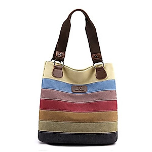 CORIOS Retro Women's Handbag Multicolor Striped Canvas Tote Bag Large Capacity Shoulder Bag Casual Hobo Bag Top Handle Bag for Travel Work Party Office Shopping Multicolor