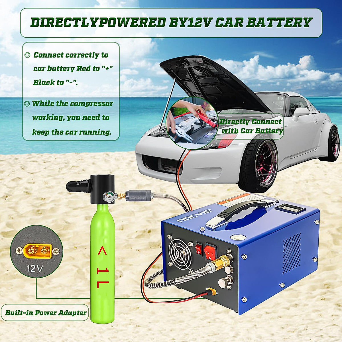 NDCYJG PCP Air Compressor 4500Psi/30Mpa Water/Oil Free Air Pump Rifle/Pistol Paintball Cans Powered 12V Automotive DC 110V AC For Home Use With Power Converter And Oil-moisture Filter Easy Carry
