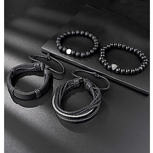 Tornito 15Pcs Braided Leather Bracelet String Wood Bead Woven Ethnic Boho Cuff Wrap Stretch Wristbands Bracelets Set for Men Women Size Adjustable