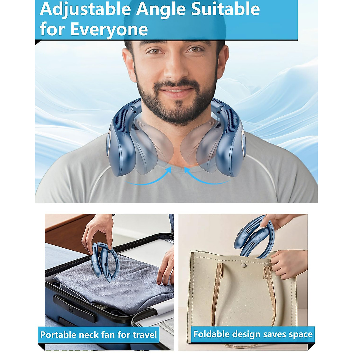 Portable Neck Fan Rechargeable,Personal Fans for Your Neck Battery Operated,Bladeless Folding Neck Fans that Blow Cold Air,Cooling Neck Fan Hands Free,Wearable Necklace Fan for Women Men Kids Blue
