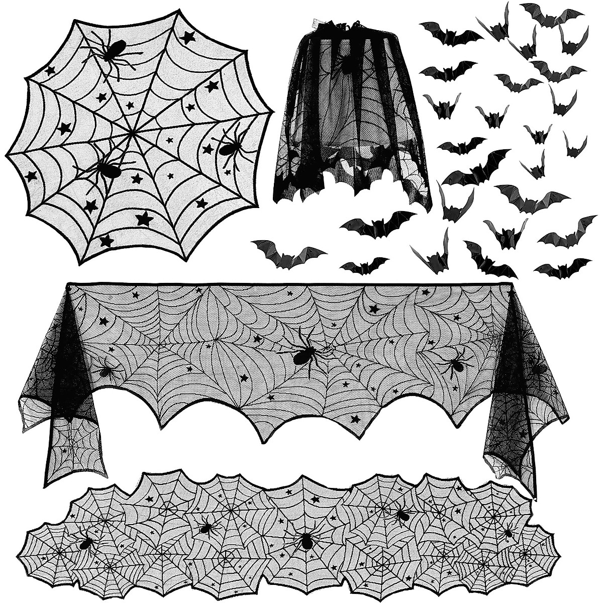 5 Pack Halloween Decorations Tablecloth Set, Black Lace Table Runner Round Spider Cobweb Table Cover Fireplace Mantel Scarf Spiderweb Lampshade with 48pcs Scary 3D Bat for Halloween Party Decor