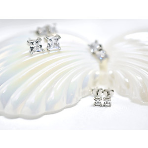 Sterling Silver Stud Earrings for Men's Women's,Square Earrings Set Hypoallergenic Cartilage Earrings Unisex,Cubic Zirconia Fashion Minimalist Earrings Pack Gifts for Him Her,4 Pairs,3MM,4MM,5MM,6MM