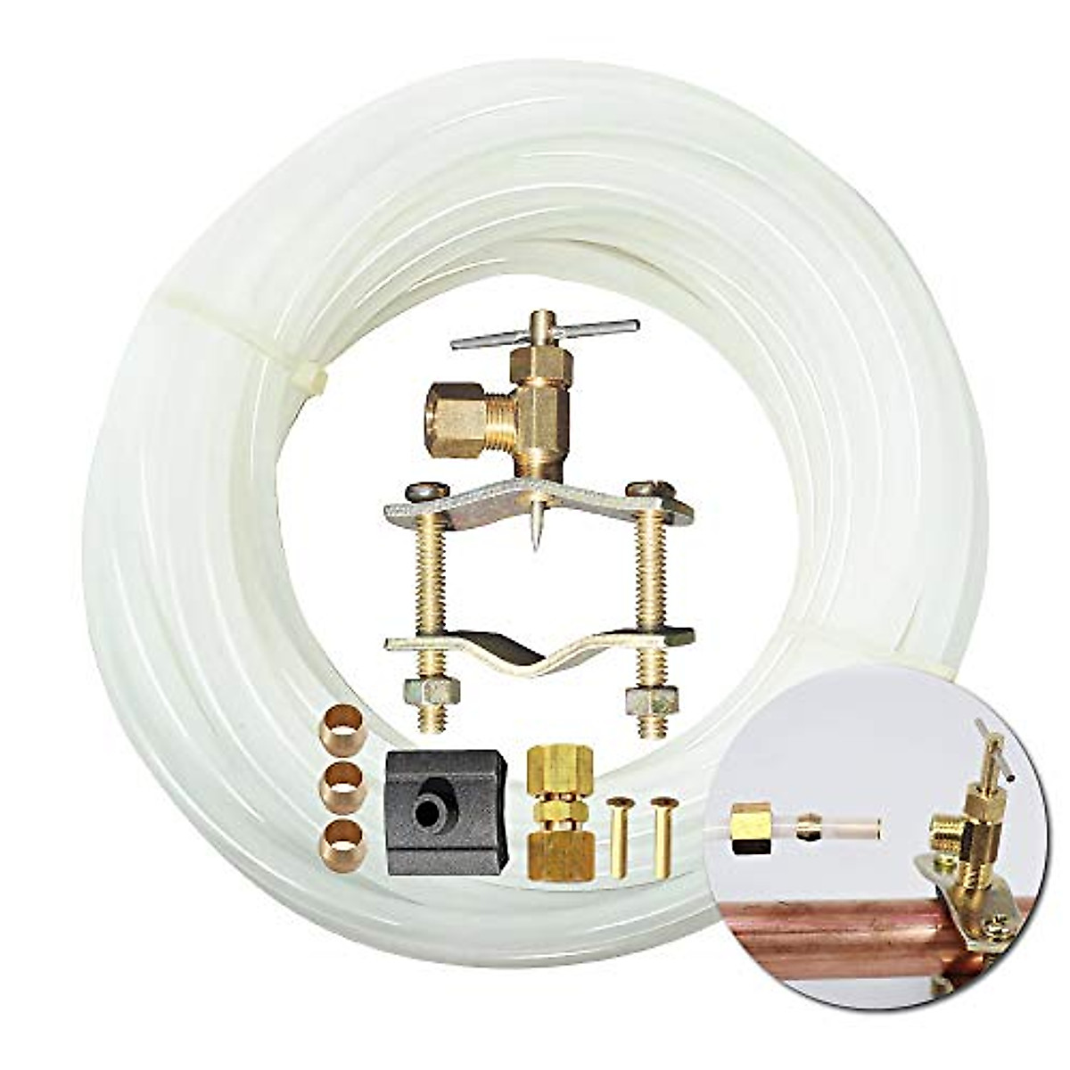 Ice Maker Water Line Kit, Humidifier Installation Kit with ¼” x 25 ft. Poly Tubing, Self-Piercing Saddle Valve, Compression Fittings and Adapters by Greco