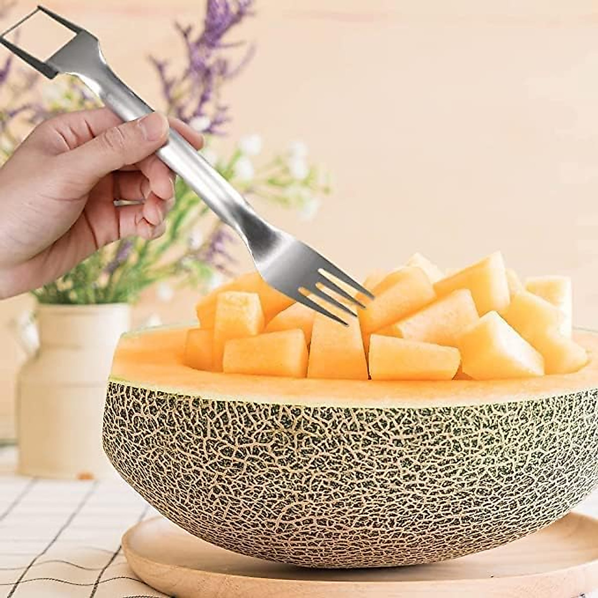 4-Pack 2-in-1 Watermelon Fork Cutter, 2024 New Watermelon Slicer Tools for Family Gatherings, Summer Watermelon Cutter, Fruit and Vegetable Tools, Stainless Steel Fruit Fork Cutter Knife for Camping