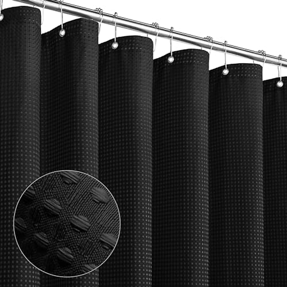 MitoVilla Black Waffle Fabric Shower Curtain, Heavyweight Hotel-Grade Cloth Shower Curtain for Modern Country Bathroom Decor, Waterproof & Wrinkle Resistant, 72 x 72