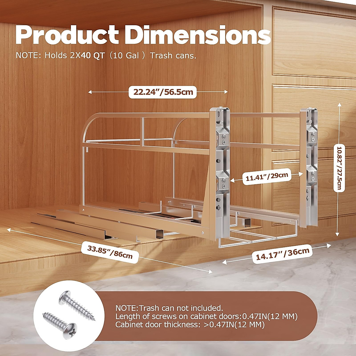 Biboraya 2-40 QT Pull Out Trash Can Under Cabinet with Soft-Close Slides,Door Mounting Slide Out Garbage Can Kit for Kitchen,Garbage Can Not Included, Requires Minimum Cabinets Opening 17" W X 25" D
