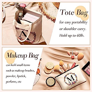 AUNOOL Monogrammed Tote Bag with Makeup Bag, 13oz Canvas Tote Bag for Women Floral Initial Tote Bag Bridal Shower Gifts for Bride To Be Personalized Gifts for Teachers Friends Sister, Letter E