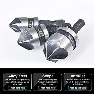 HOHXEN 3Pcs 1/4'' Hex 5 Flute 90 Degree 1/2'' 5/8'' 3/4'' Countersink Drill Bit for Wood Metal Quick Change Set