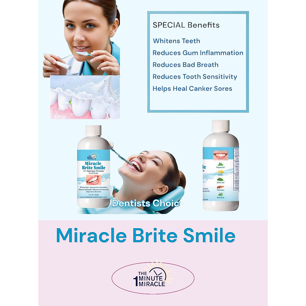 The One Minute Miracle - Miracle Brite Smile Mouthwash and 12% Hydrogen Peroxide Medical Food Grade 8 oz Bottle. Recommended by The One Minute Cure Book