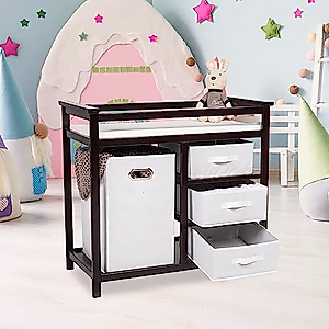 Woodden Baby Changing Table - kinbor Diaper Changing Table Station Dresser for Newborn, Nursery Organizer with Pad, Laundry Hamper and 3 Storage Baskets, Brown