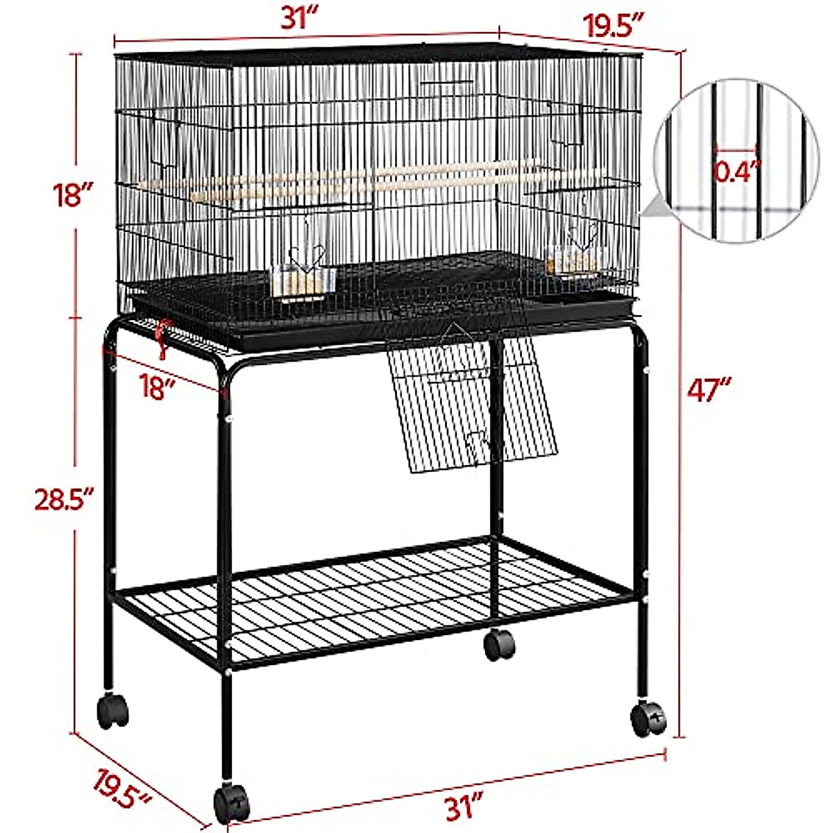 Yaheetech 47-inch Rolling Breeding Flight Bird Cages for Parakeets Budgies Finches Cockatiels Conures Lovebirds Canaries Parrots w/Detachable Stand, Black