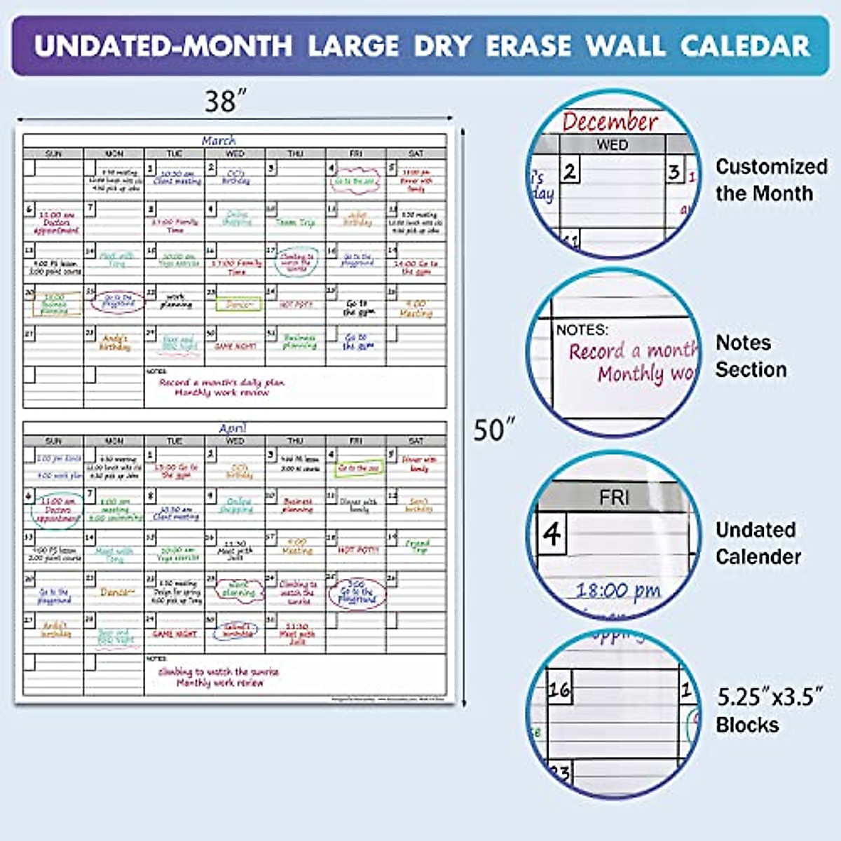 Dry Erase Two Month Laminated jumbo Wall Calendar, 38" x 50", Huge bimonthly Vertical Laminated Erasable White Board, Giant 60 day Family Whiteboard Schedule Planner, Large Multi Month Reusable Poster