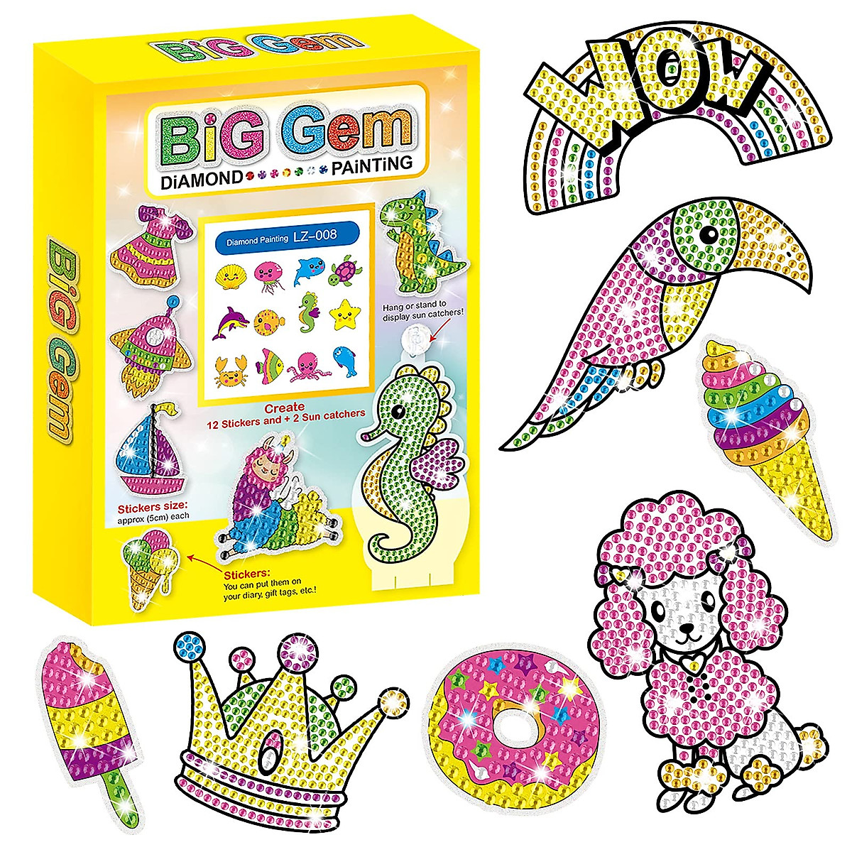 MEIEST Gem Diamond Painting Kits for Kids,24 PCS Fun DIY Mosaic Stickers by Numbers Kits,4 PCS Sparkly Suncatchers Creative Arts and Crafts Set and Handmade Gift(Sweets + Magical)