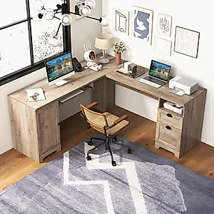 Tangkula 66" x 66" L-Shaped Office Desk with Keyboard Tray, Spacious Corner Computer Desk with Storage Drawers & Cabinet, Home Office Desk Executive Office Desk, Space-Saving Computer Workstation