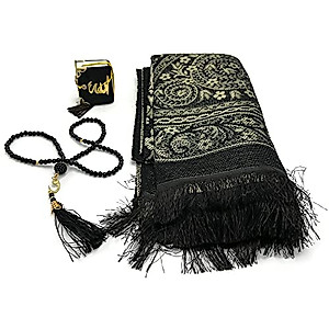 Ramadan Gift Set Prayer Rug Janamaz Seccade Pearl Tasbeeh Prayer Beads and Car Decor Mini Quran 3pcs/Set (Black)