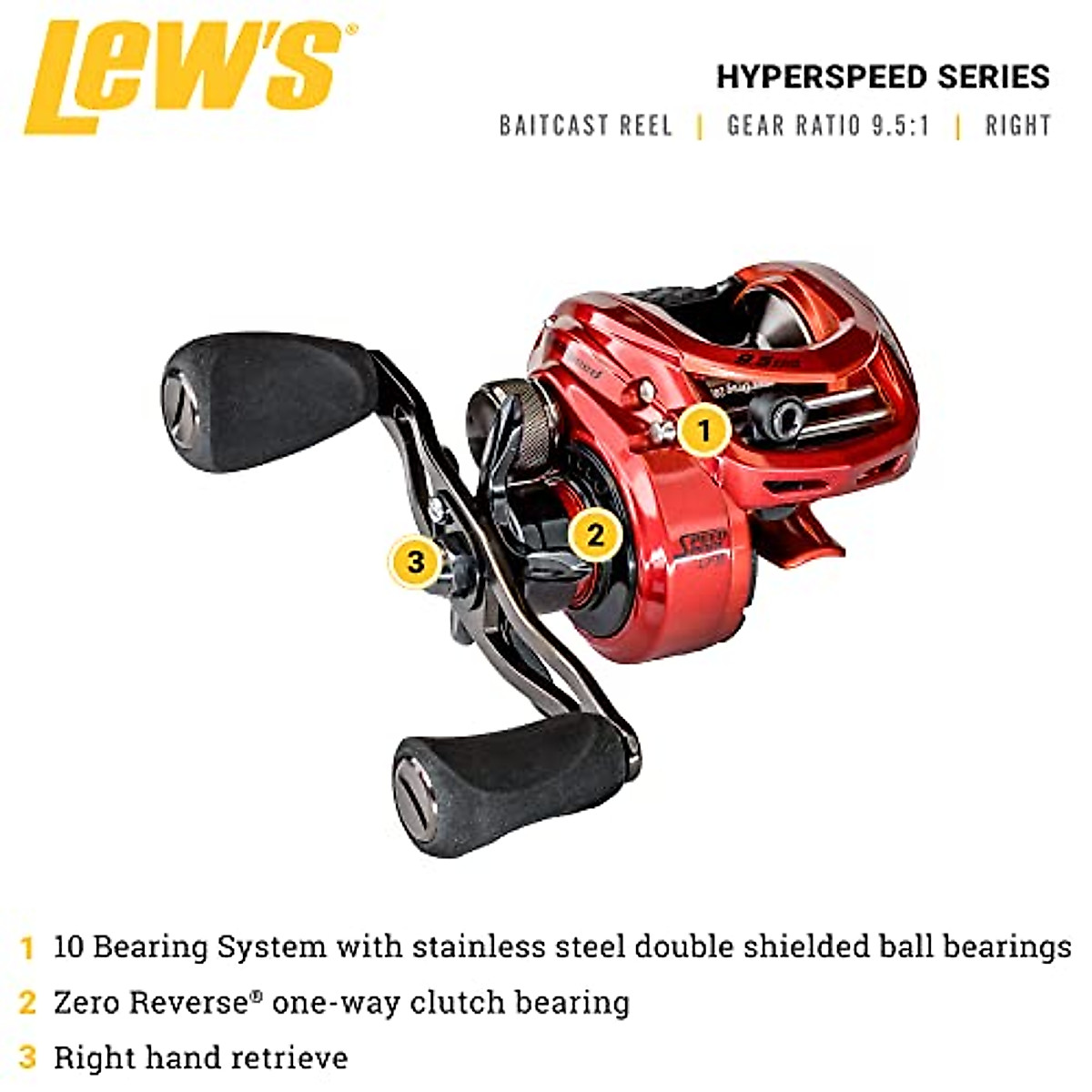 Lew's HyperSpeed Series Casting Reel, 9+1 Stainless Steel Ball Bearings, 9.5:1 Gear Ratio, Right-Hand Retrieve, Red