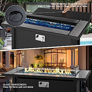 Walsunny 45 inch Outdoor Propane Fire Pit 50,000 BTU Gas Fire Pit Table with Lid, Glass Wind Guard, Waterproof Cover, Rectangle Gas Firepit Table for Garden/Patio, CSA Certification