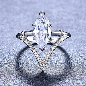 925 Silver Perfect Marquise Cut CZ Zircon 2.0 ct AAA Cubic Zirconia Promise Halo Shiny Half Full Diamond Gemstone V shape Triangle Ring Solitaire Ring Engagement Wedding Rings for Women (8)