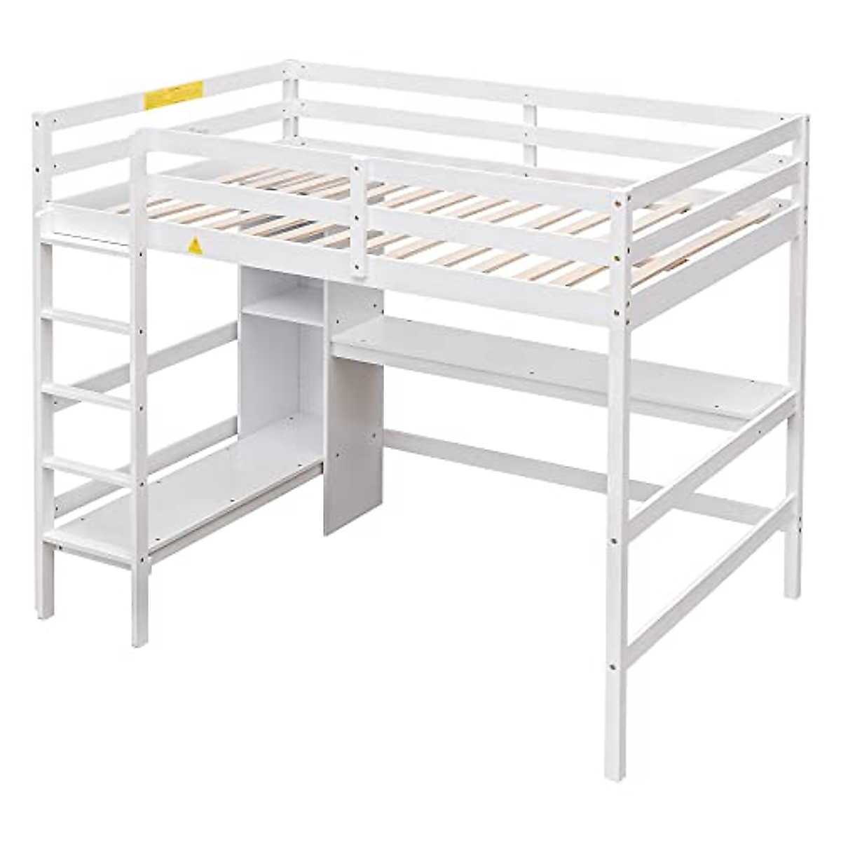 Full Loft Bed with Desk and Storage Shelves, Wood Loft Beds Frame with Bookcase, Modern High Loft for Kids Boys Girls Teens, Full Size, White