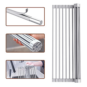 TPMXEMR Roll Up Dish Drying Rack, Over The Sink Dish Drying Rack Heat-Resistant Anti-Slip, 20.5" L x 13.1" W Heavy Duty Silicone Wrapped Steel Rods Dish Drying Rack for Kitchen Counter