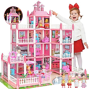 LUYE 4 Stories Dollhouse for Girls 2 3 4 5 6 7 8 Year Old - Huge Doll House w/ 4 Dolls Figure with Furniture, Accessories, LED Light, Princess Dream House Toys Gift for Toddler Kids 3+, Pink