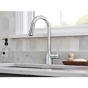 Moen 87233 Adler Chrome One-Handle High Arc Kitchen Sink Faucet Bundle with Moen 3942 Chrome Deck Mounted Kitchen Soap Dispenser with Above The Sink Refillable Bottle