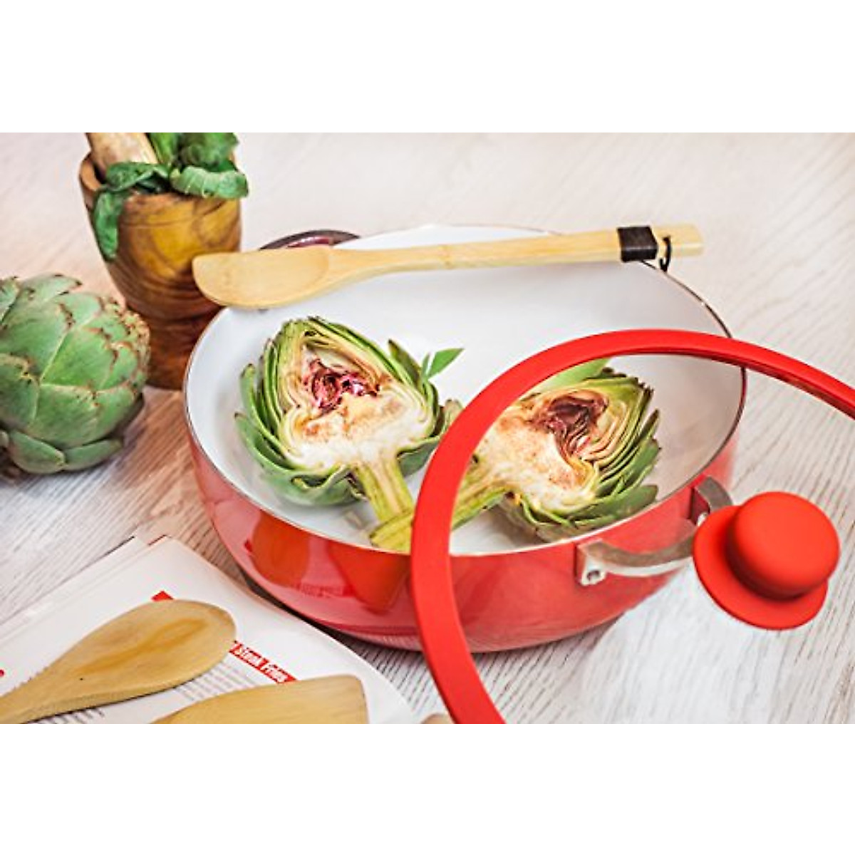 IMUSA USA 3.2Qt Red Ceramic Nonstick Caldero (Dutch Oven) with Silicone Rim & Glass Lid
