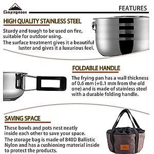 CAMPINGMOON 16PCS Stainless Steel Outdoor Camping Nesting Mess Kit Cookware Set Pots Pans with Storage Carrying Bag MC240