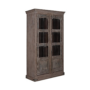 Handmade Farmhouse Style Armoire with Iron Grill 81 Inch Tall Display | Vintage Handcarved White Curio Cabinet | Rustic Distressed Off White Cabinet | Solid Wood Storage Armoire