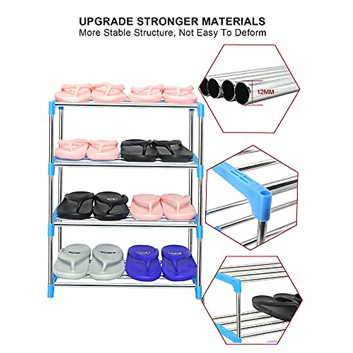 LNYZQUS Upgrade 4 Tier Small Shoe Rack, Kids Show Rack Closet Shoe Organizer,Compact Stackable Shoe Shelf Shoe Stand Floor Shoe Rack for Narrow Space,Zapateras Organizer for Shoes (Blue)