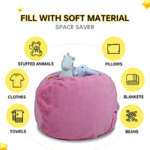 LUCKYBOY Kids Stuffed Animal Storage Bean Bag Chair without Filling,Cozy Faux Fur Beanbag Cover for Kids Gift, Pink Girls Bean Bag,Plush Toys Holder and Organizer