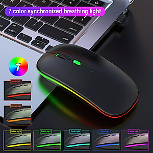 Atrasee Dual Mode LED Wireless Bluetooth Mouse for Laptop, Slim Rechargeable RGB Computer Mice (USB 2.4G + Bluetooth 5.1), Ergonomic PC Gaming Mouse w/ 3 Adjustable DPI, for Laptop MacBook Pro, Black