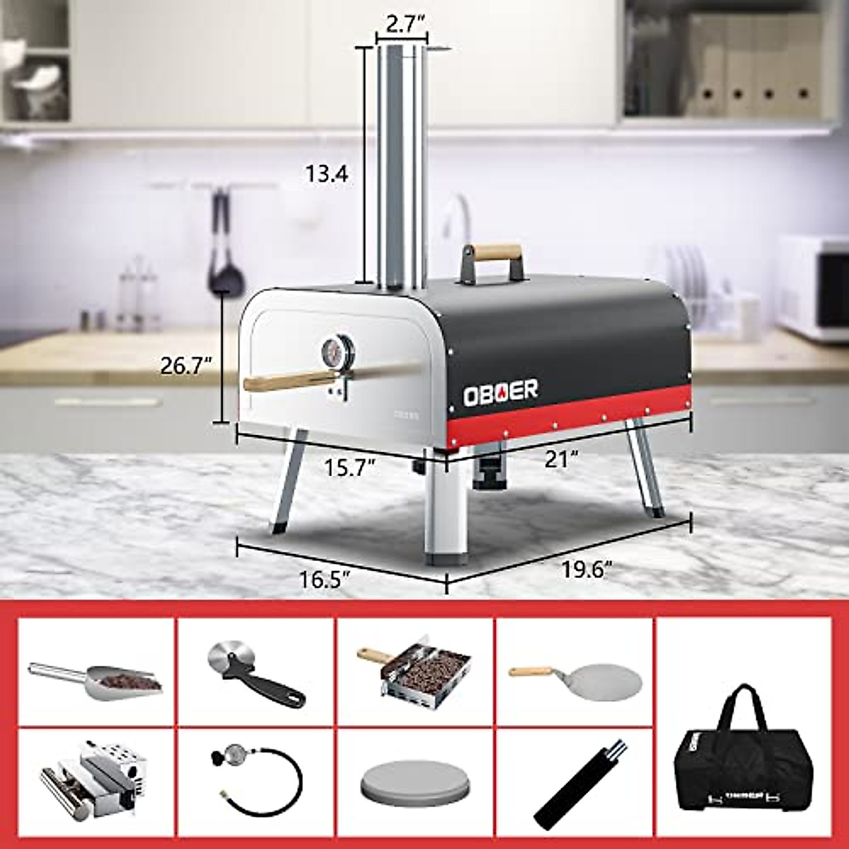 NAIZEA Pizza Oven Outdoor Indoor Use, 13" Multi-Fuel Pizza Maker Portable Wood Fired and Gas Pizza Oven Stainless Steel Pizza Grill with Gas Burner, Wood Tray Pizza Stone, Pizza Peel, Carry Bag