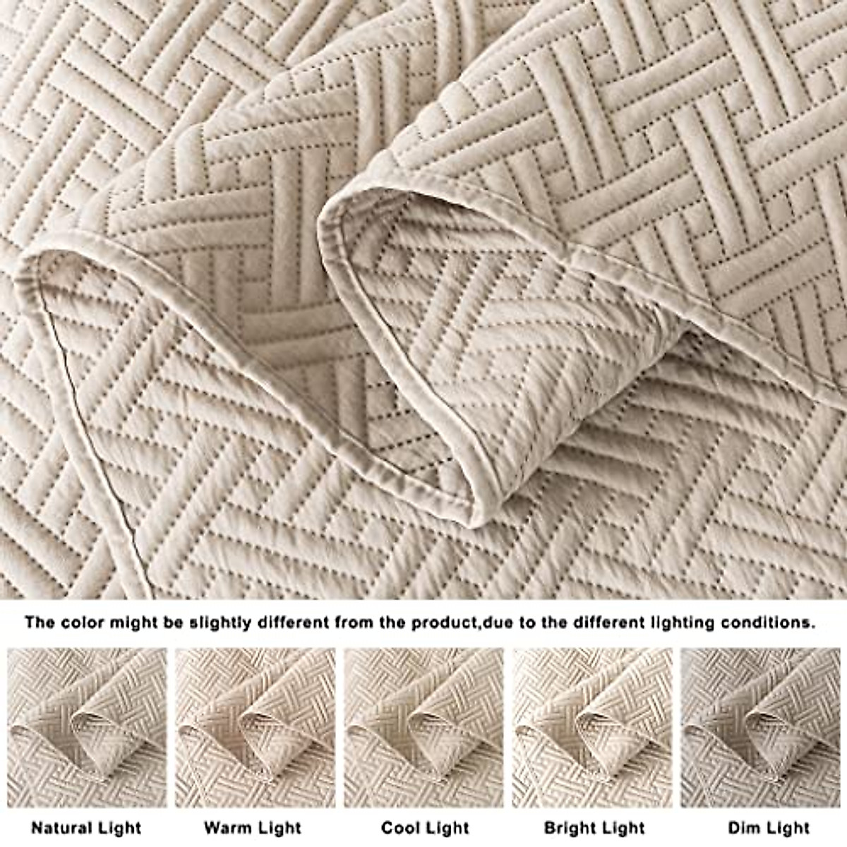 Beige Quilts Queen Size Bedding Sets with Pillow Shams, Tan Cream Lightweight Soft Bedspread Coverlet, Quilted Blanket Thin Comforter Bed Cover, All Season Summer Spring, 3 Pieces, 90x90 inches