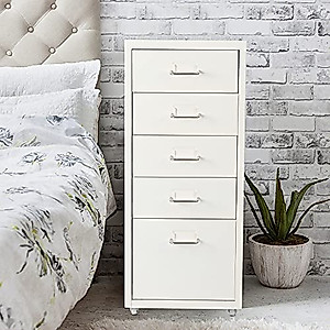 LONABR 5 Drawer Chest Metal Storage Dresser Cabinet with Wheels & Handle Slim Night Table for Home Office Cabinets,White