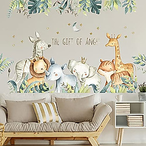 Animals Wall Sticker Green Leaves Wall Decal Cute Elephant Giraffe Zebra Wall Decals Cartoon Moon Stars Wall Mural for Nursery Kids Room