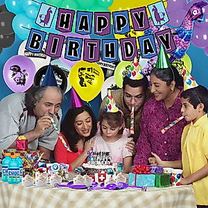 Video Game Party Supplies, Party Decorations for Boys Include Birthday Banner, Balloons, Backdrop, Tableware, Napkins, Foil Balloon, Chocolate Stickers and Bottle Labels