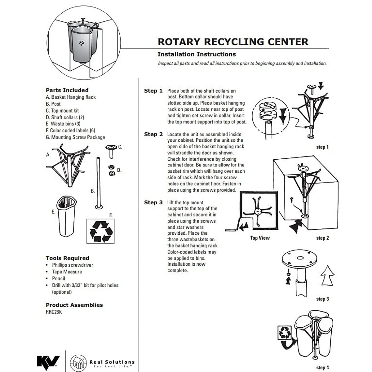 Kitchen Inventions Rotating Corner Base Cabinet Recycling Trash Center with Three Bins 3 x 32 qts Capacity Chrome/White