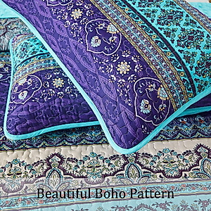 WONGS BEDDING Boho Quilt King Size, Blue Purple Bohemian King Quilt, Lightweight Microfiber Bed Decor Bedspread for All Season 103"x90"(3 Pieces)