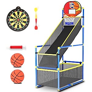 OMNISAFE Arcade Basketball Hoop Game Set for Kids & Dart Board, Basketball Game Training System, Includes 2 Balls, 1 Air Pump and Slide Ramp