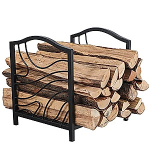 PHI VILLA 17 Inch Firewood Log Rack Bin Indoor/Outdoor Decor Steel Fireplace Wood Holder Storage Brackets Holder Wood Burning Stove Accessories, Black Wave