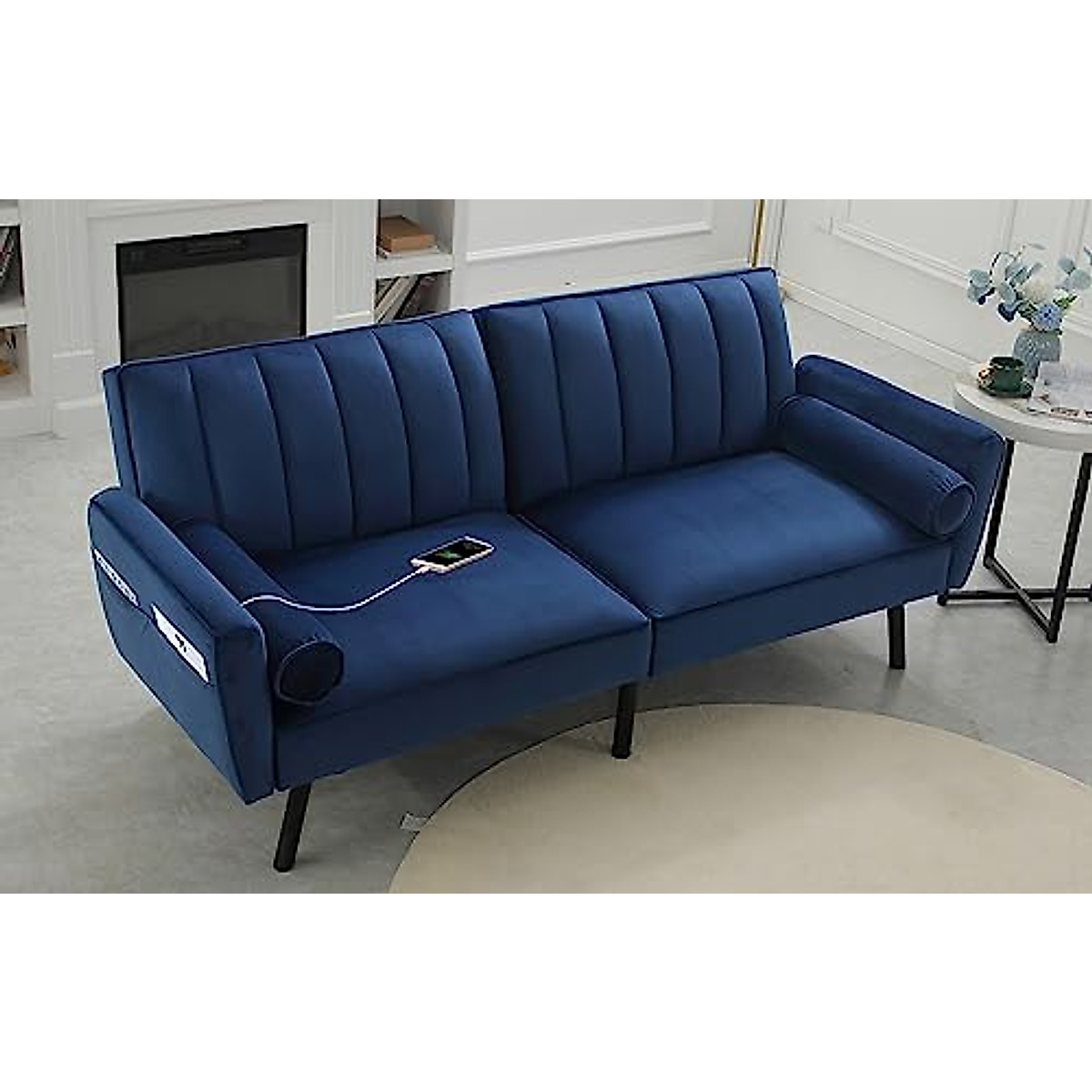 DURASPACE Velvet Loveseat Sleeper Sofa 74" Convertible Futon Couch with USB, Loveseat Coach for Dorm, Apartment, Bonus Room,Compact Living Space (Navy Blue)