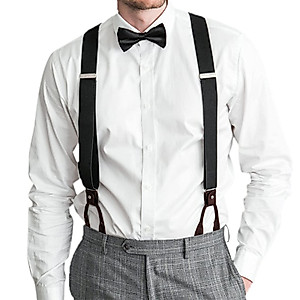 AWAYTR Mens Brown Button End Suspenders - Adjustable Elastic Y Shape Tuxedo Suspender (Black)