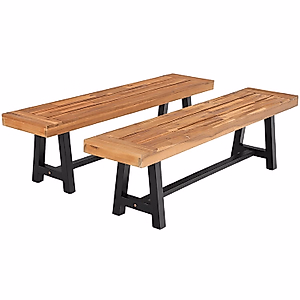 PHI VILLA Outdoor Acacia Wood Bench, 2 Pieces 63" Patio Picnic Bench Farmhouse Dining Bench for 6 People Backless Oil Finished Teak Bench Supports 550lbs, Classic Brown and Black