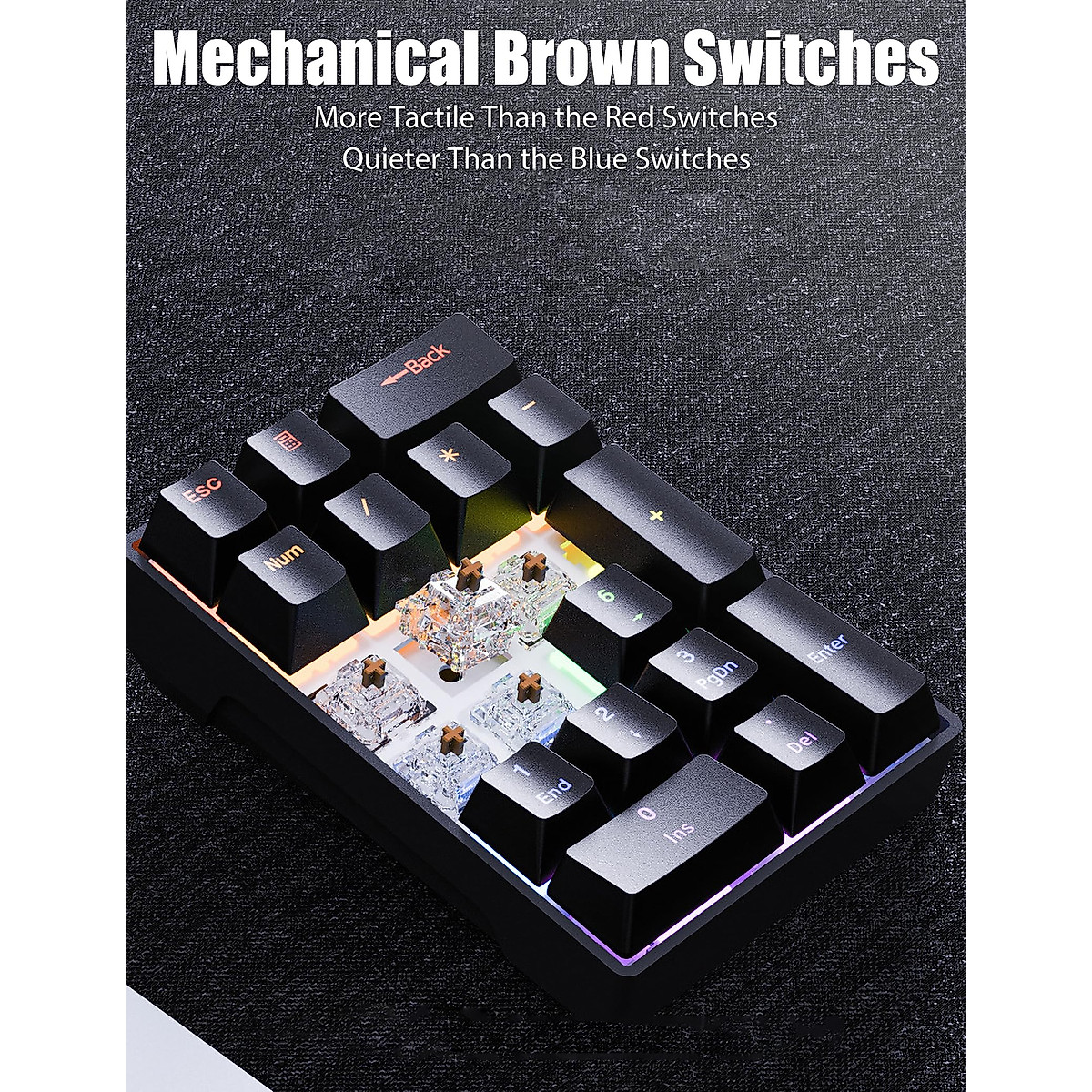 TISHLED Wired Mechanical Numpad Rainbow LED Backlit 20-Key Number Pad Brown Switches Shine Through Keycaps Detachable Cable Numeric Keyboard for PC/Laptop/Win/Mac, Black