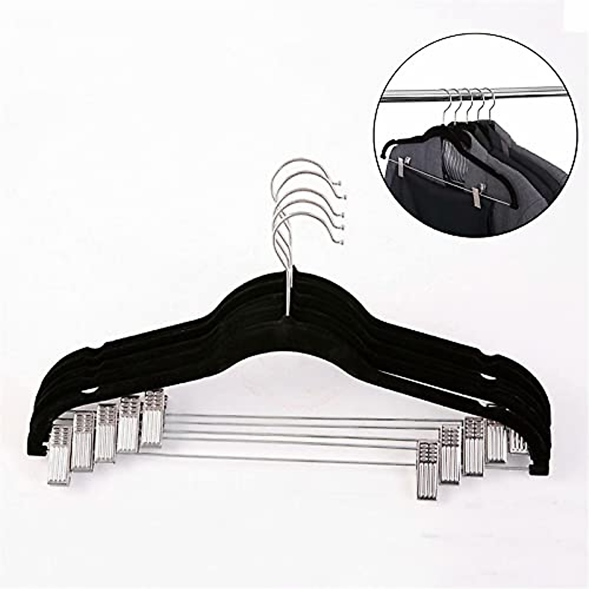10 Pack Velvet Skirt Hangers with Clips, Velvet Pants Hangers for Suits, Trouser , Skirts, Coat, Dresses, 360 Degree Swivel Hook (Black)