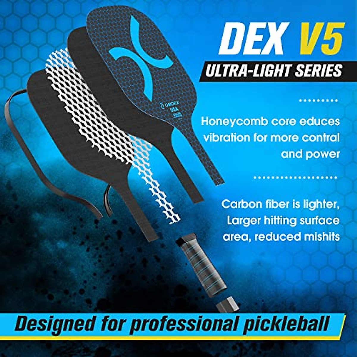 Pickleball Paddle - V5 Graphite Carbon Fiber Face for Spin, Lightweight Paddle, Cushion Comfort Grip with Ergonomic, Honeycomb Core Educes Vibration for More Contro & Power - USA Pickleball Approved