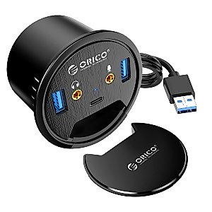 ORICO Desk Grommet USB 3.0 Hub with 2 Type-A 1 Type-C Port, Mic & Audio Jack, 4.9Ft Long Cord for Diameter 60mm Hole, Desktop Cable Organizer, Home Office PC Accessories